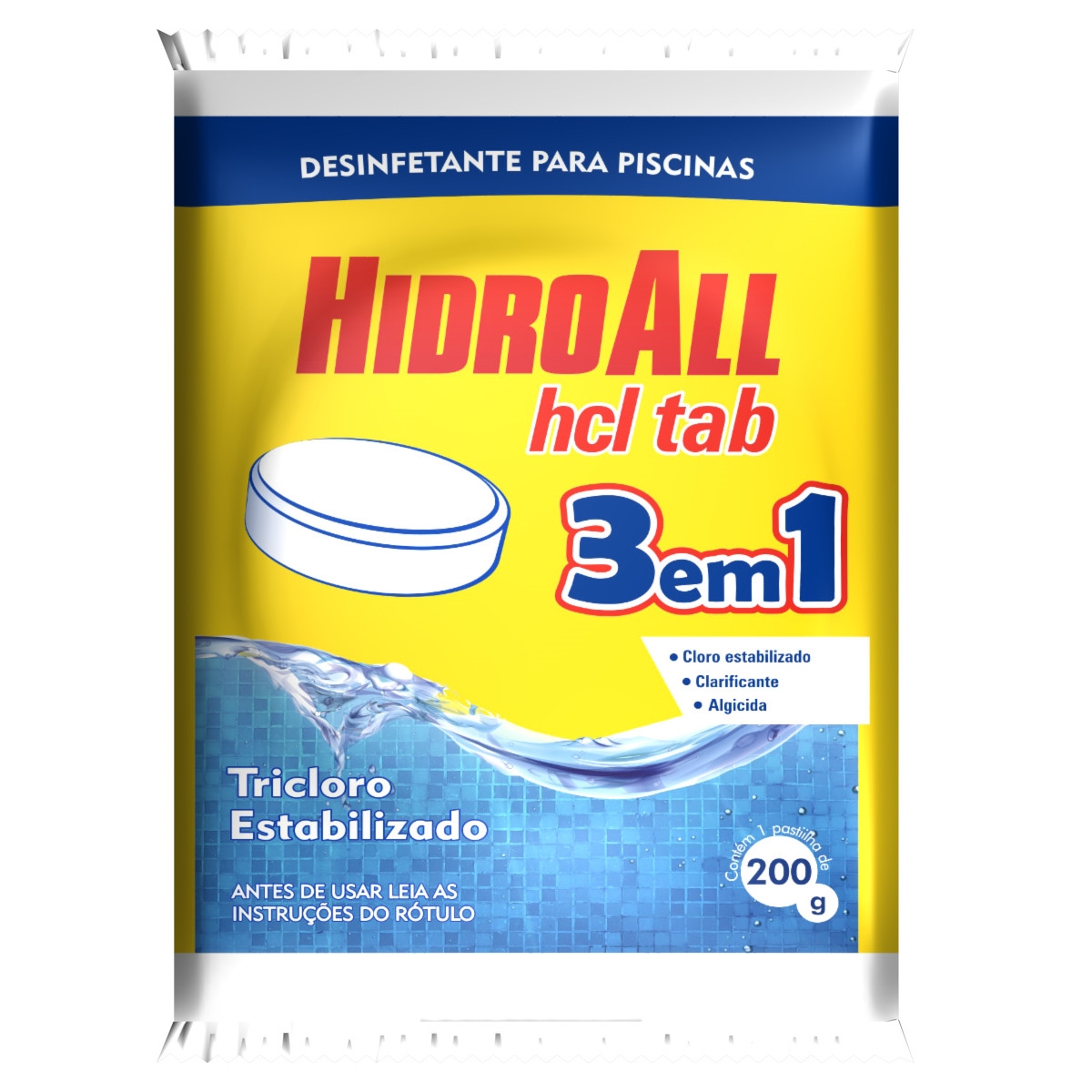 Cloro Tablete para Piscina Hidroall HCL Tab 3 em 1 de 200g Branco